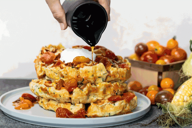 Animated GIF: Cheddar Waffles with Tomato Maple Syrup - Dish Works