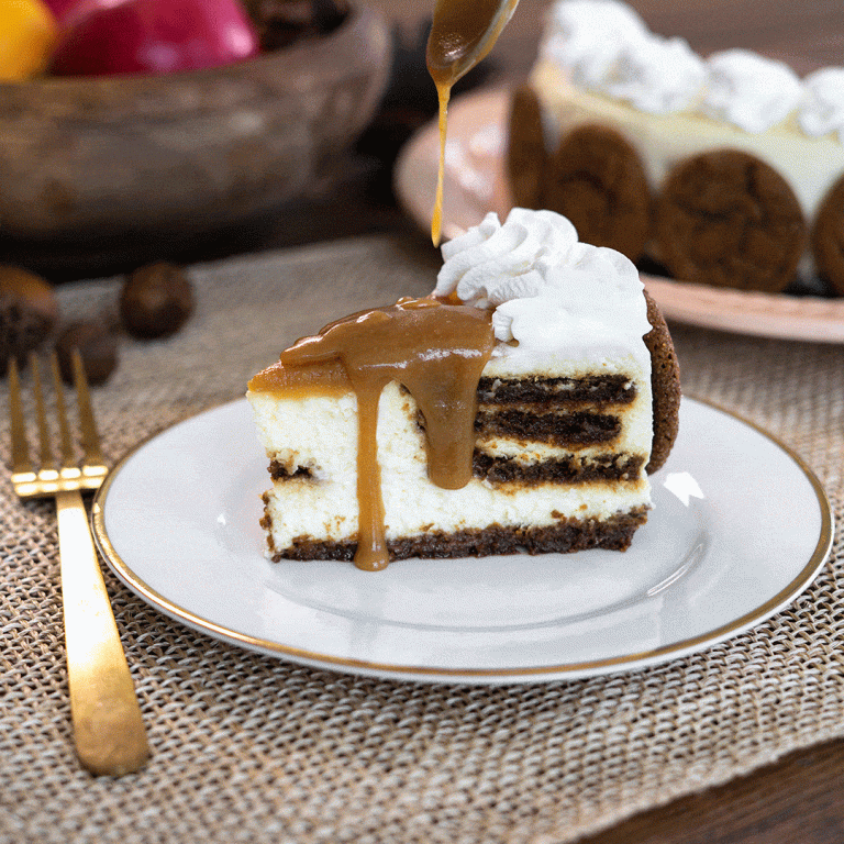Animated GIF: Gingersnap Cheese Cake Caramel Drips - Dish Works